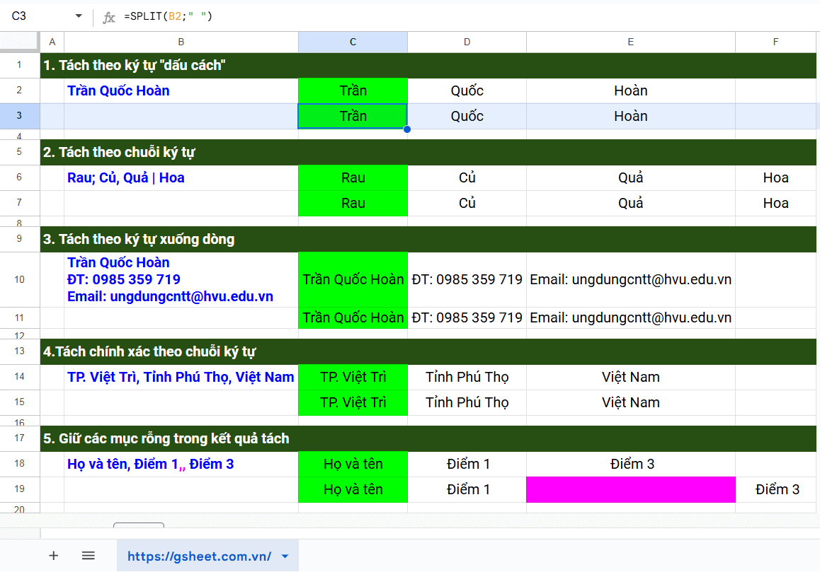 Hàm SPLIT trong Google Sheets: Tách dữ liệu dễ dàng